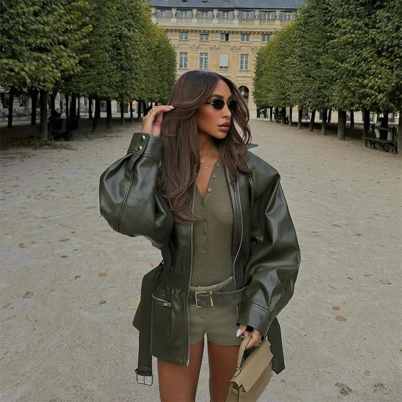 DALIA - Army Green Leather Jacket – Dalia Style